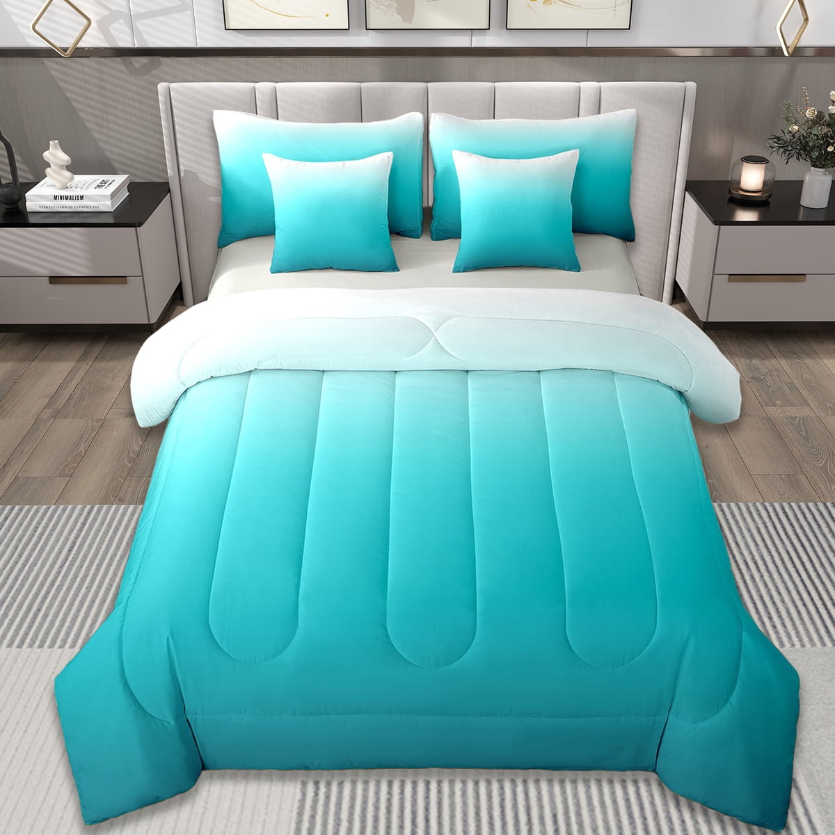 Manfei Cyan Bed in a Bag Twin Size,White Gradient Bed Set,Modern ...