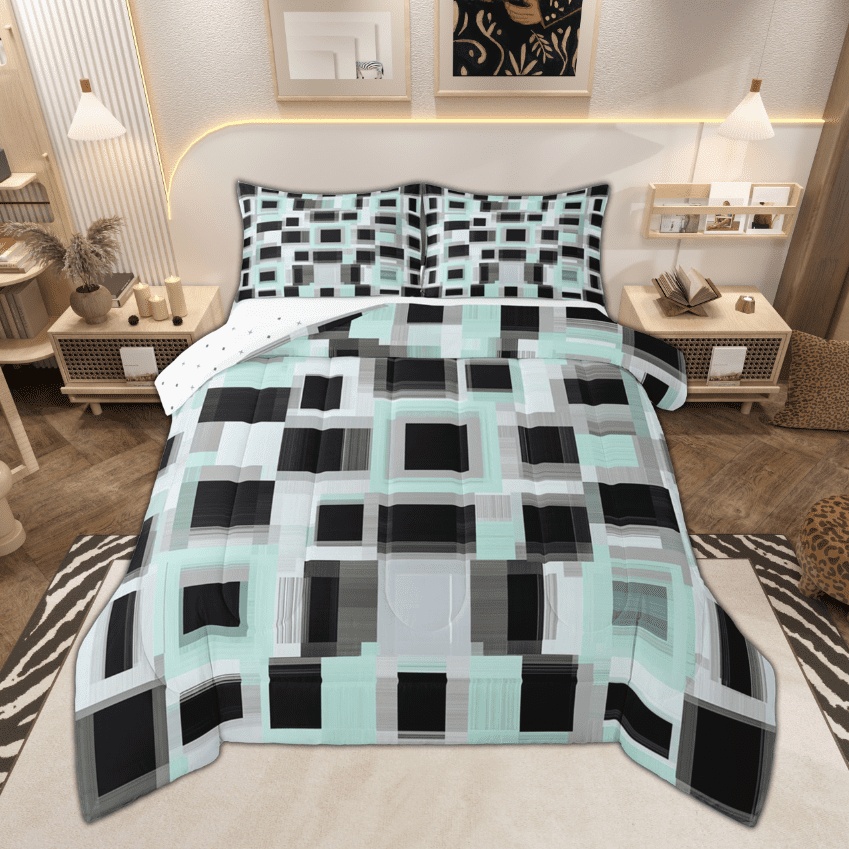 Manfei Cyan Black Plaid Queen Comforter Set, Geometric Square Checkered ...
