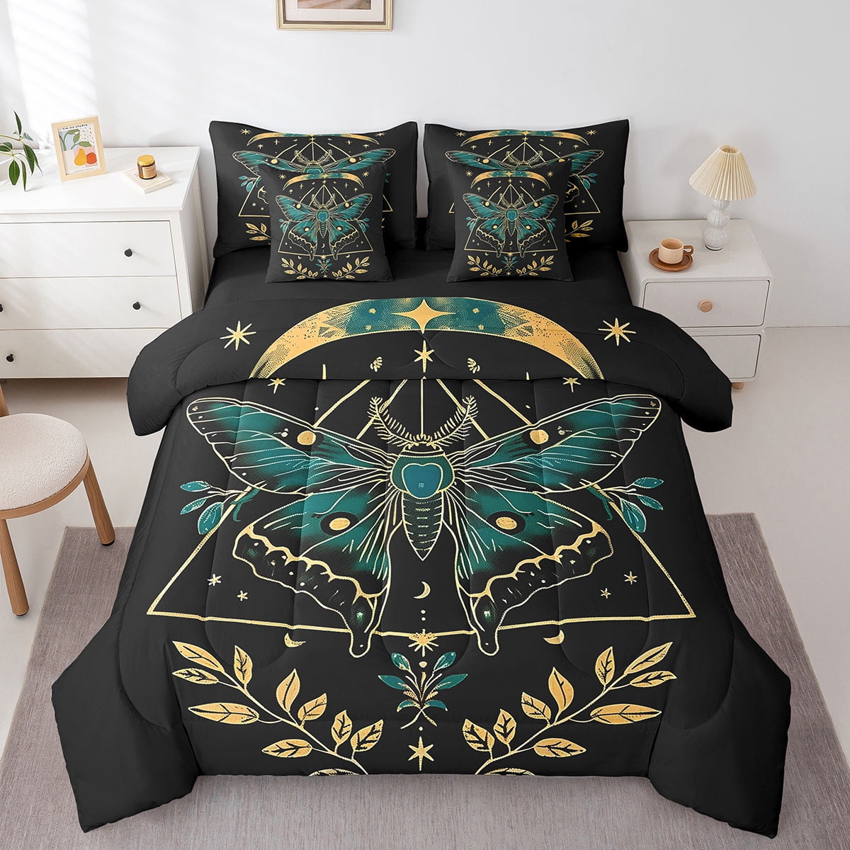Manfei Cyan Butterfly Moth Bedding Queen Size,Boho Plant Leaves ...
