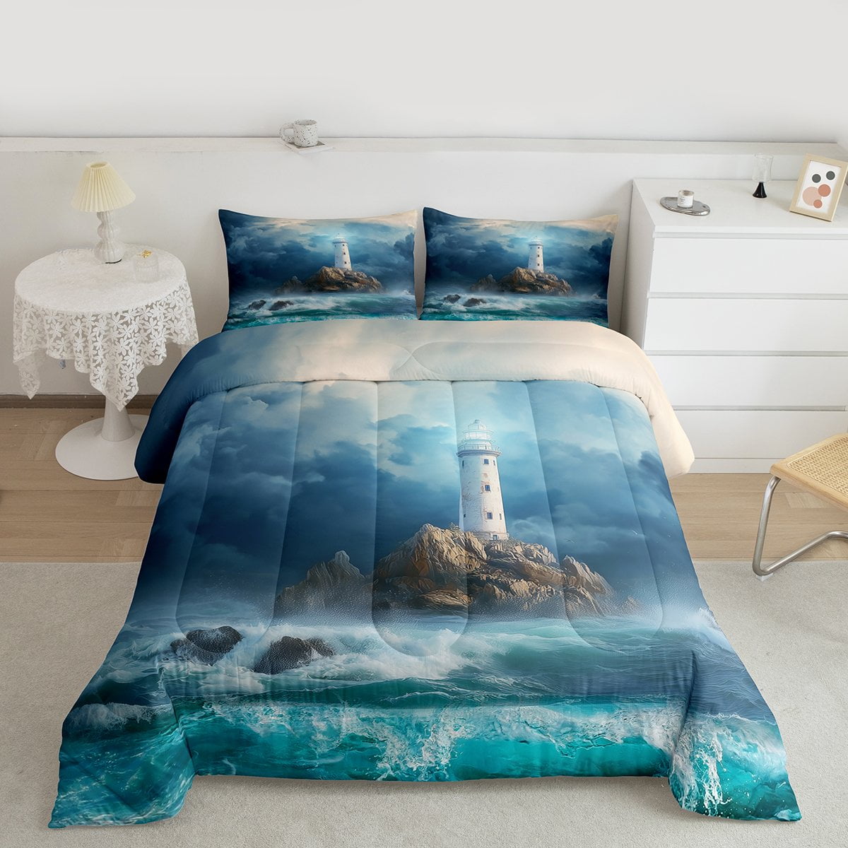 Manfei Cyan Ocean Marine Bedding Comforter Set for Teen, Coastal ...