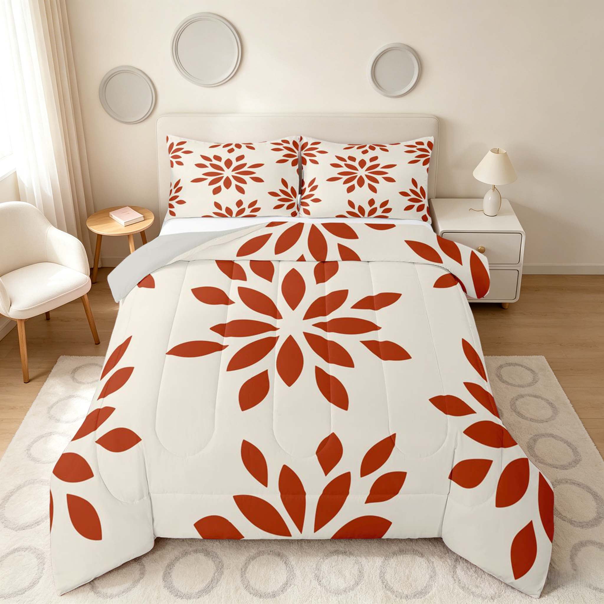 Manfei Dahlia Floral Queen Comforter Set, Red Flower Comforter Sets ...