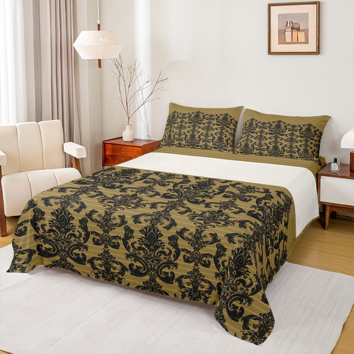 Manfei Damask Floral Pattern Queen Sheet Sets,Vintage Baroque Flat ...