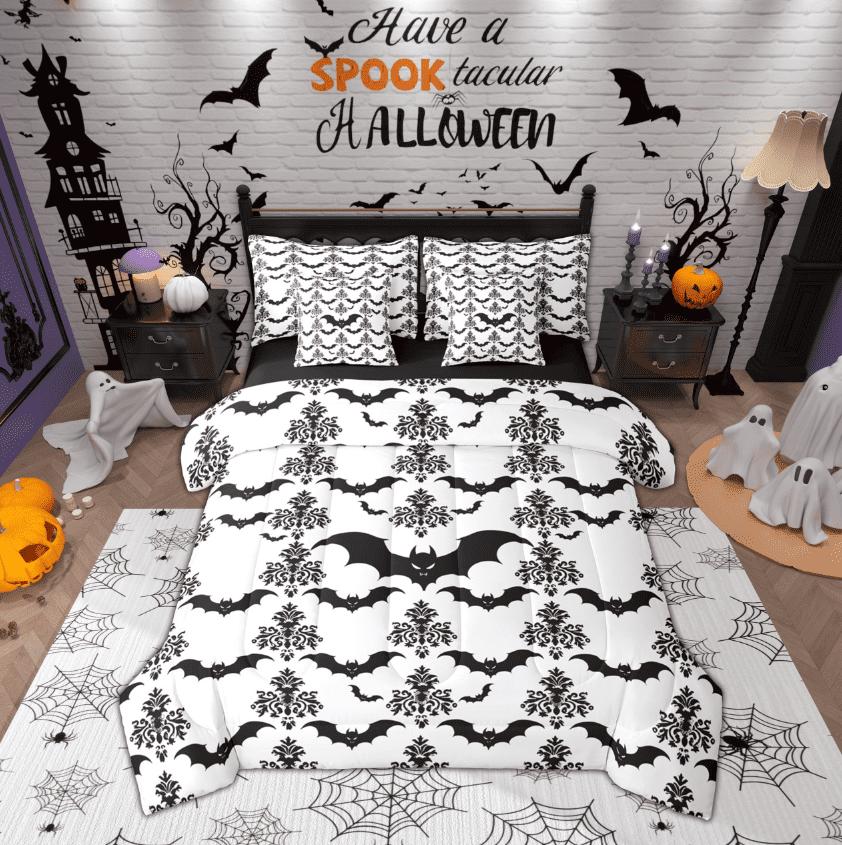 Manfei Damask Flower 7 Pieces Bedding Comforter Set,Halloween Bat Full ...