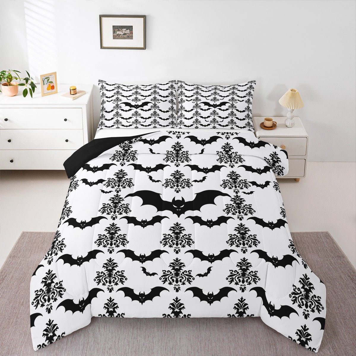Manfei Damask Flower Full Size Comforter Sets,Halloween Bat Bedding ...