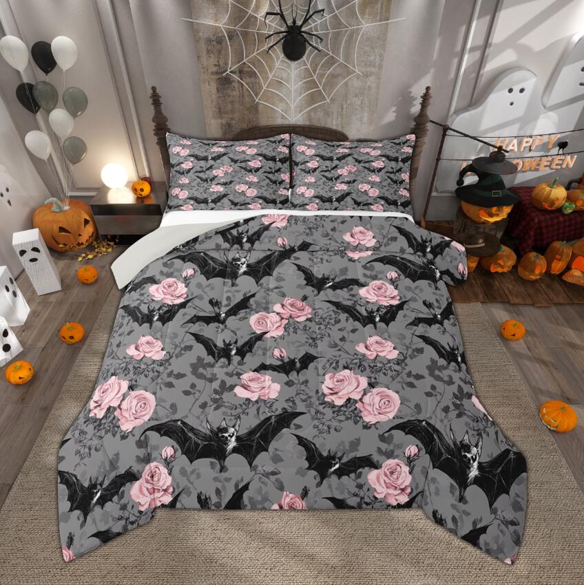 Manfei Death Halloween Bat Full Size Comforter Sets, Chic Pink Rose ...