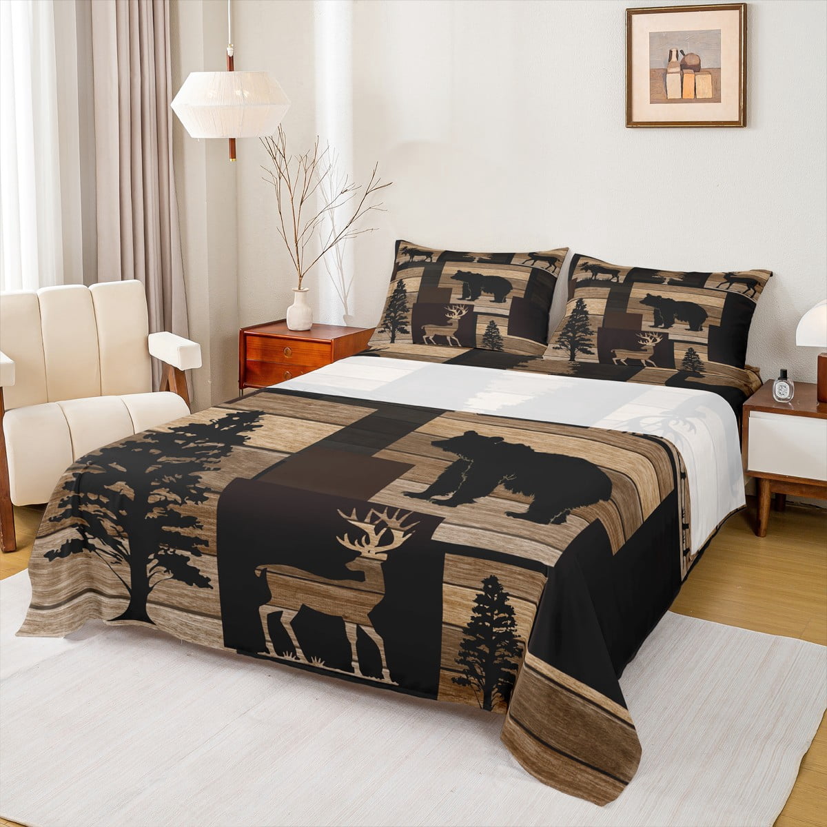 Manfei Deer Bear Silhouette Bed Sheets Set Queen Size,Jungle Animal ...