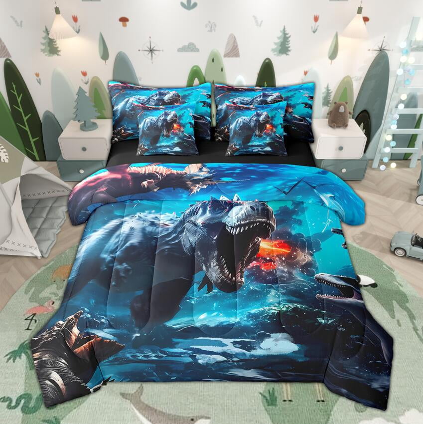 Manfei Dinosaur Print Twin Bedding Sets 7-Piece for Boys, Ocean Dino ...
