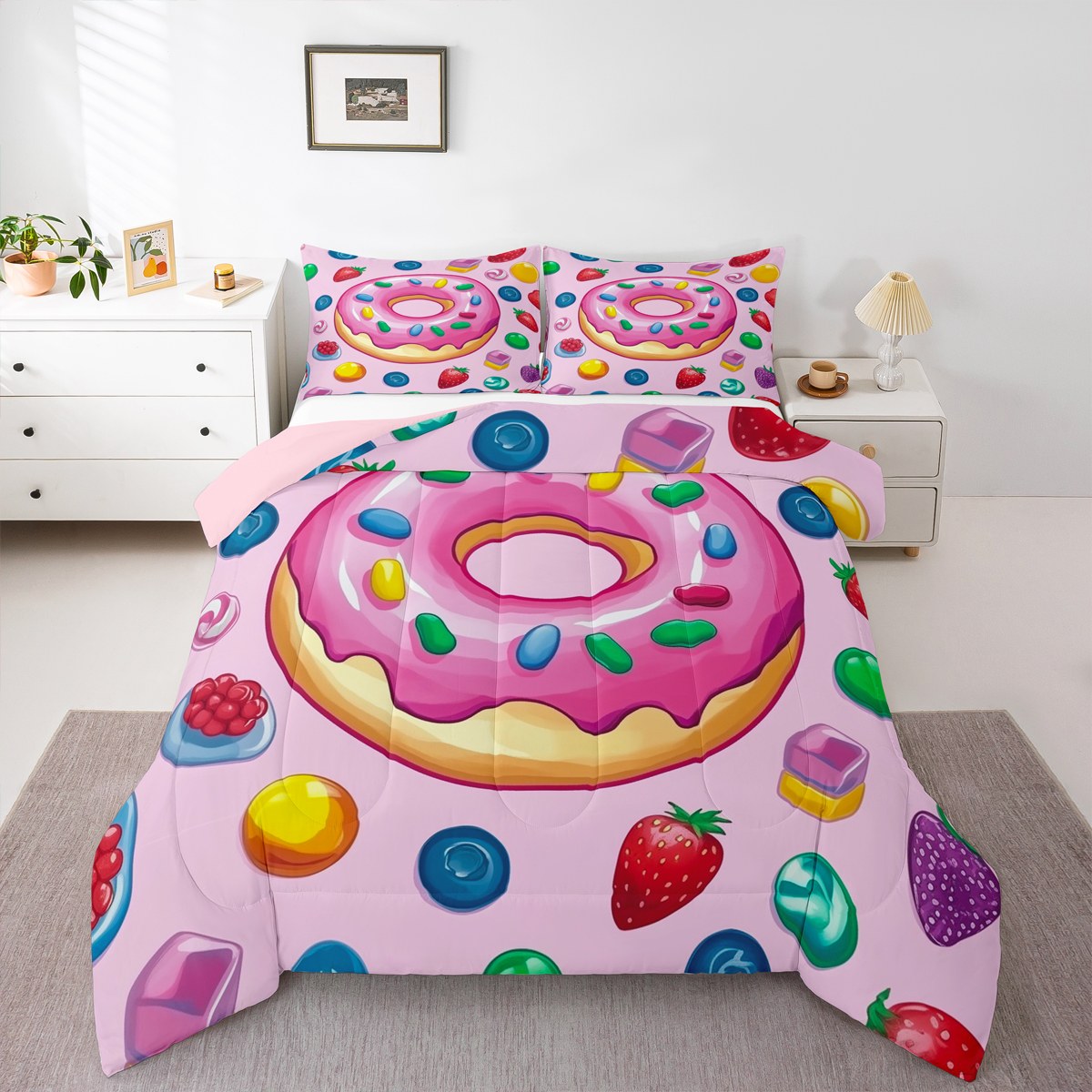 Manfei Donuts Dessert 3-Piece Full Size Comforter Sets,Fruit Strawberry ...