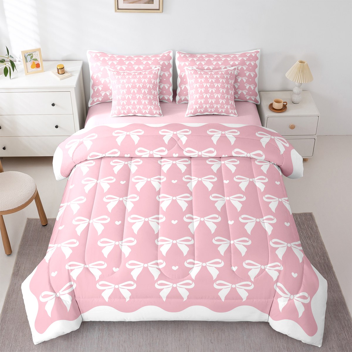Manfei Dreamy Bow Bedding Comforter Set 7-Piece for Kid, Romantic Love ...