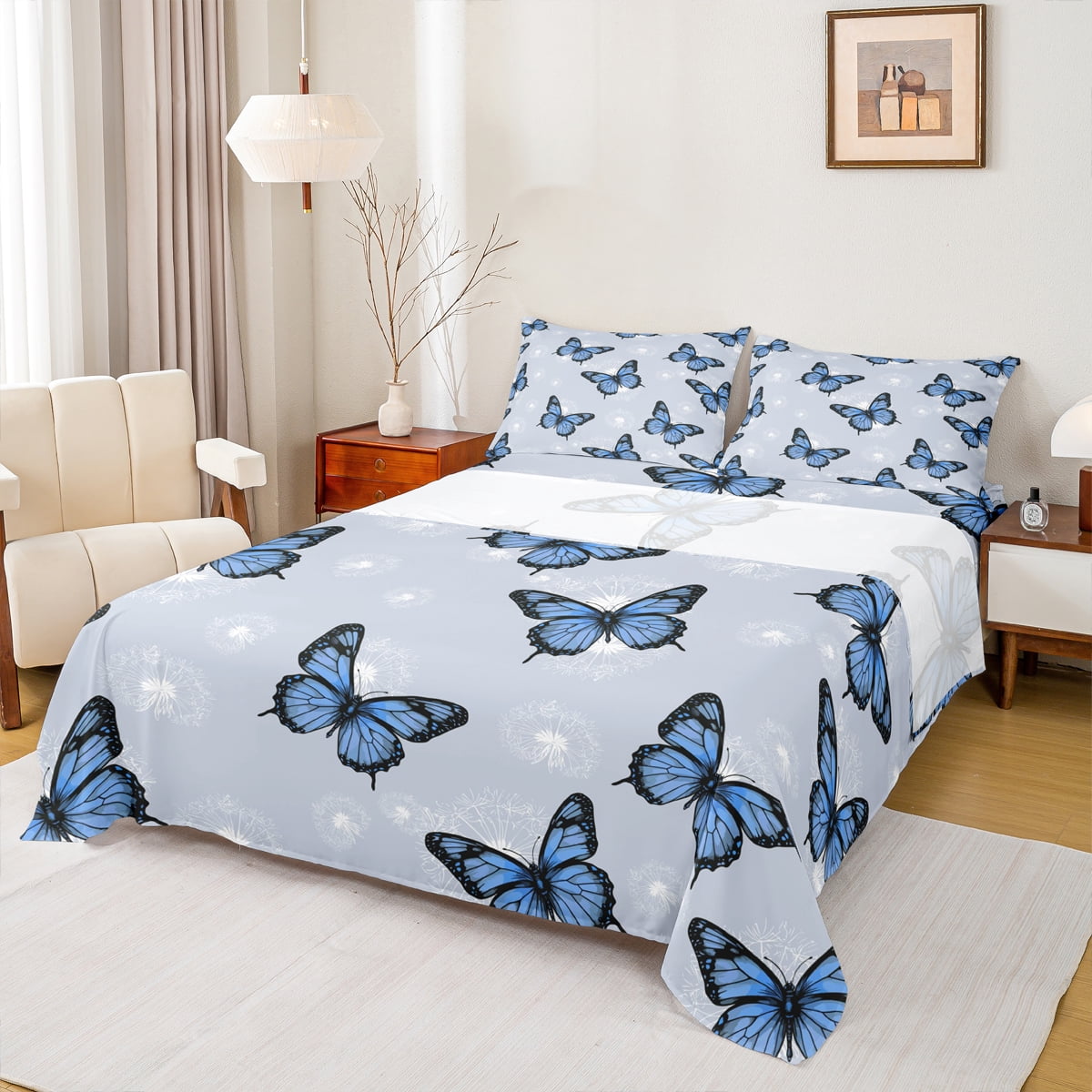 Manfei Dreamy Butterfly Child Full Size Sheets, Blue Cherry Blossoms ...