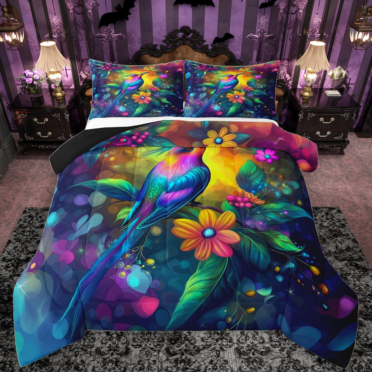 Manfei Dreamy Cute Hummingbird Bedding Comforter Set, Vibrant Groovy ...
