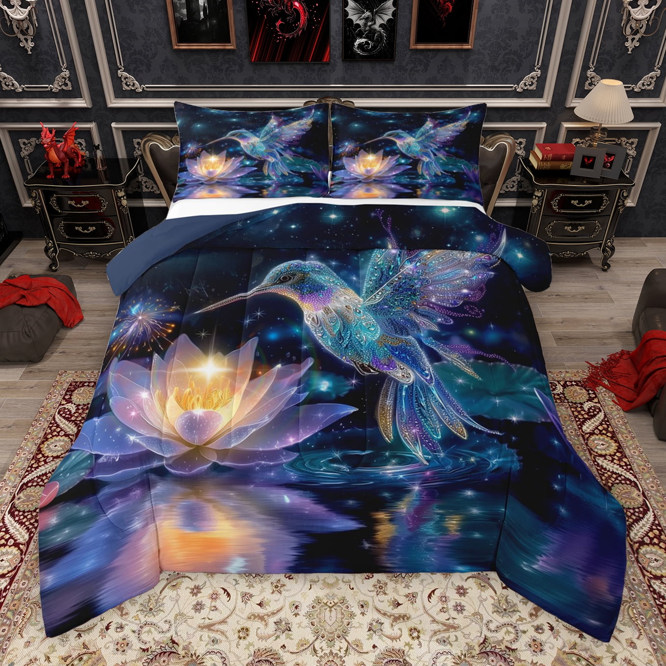 Manfei Dreamy Glitter Hummingbird Queen Comforter Set, Bling Lotus ...