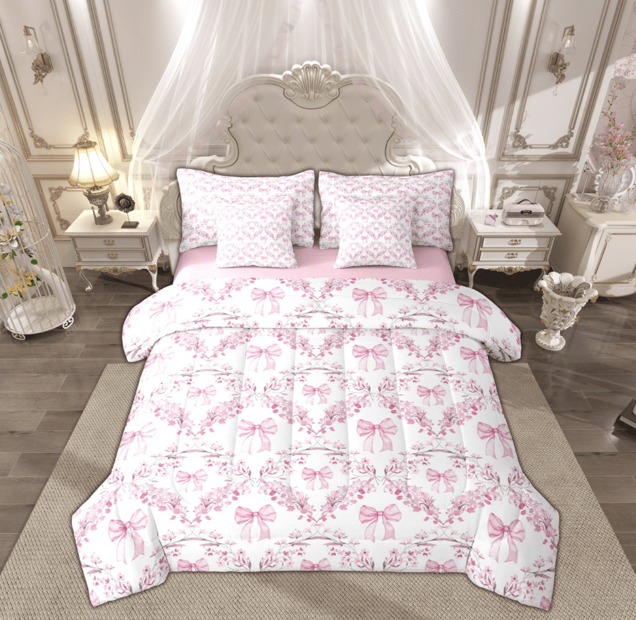 Manfei Dreamy Pink Bowknot Twin Bedding Sets 7-Piece, Vintage Rustic ...