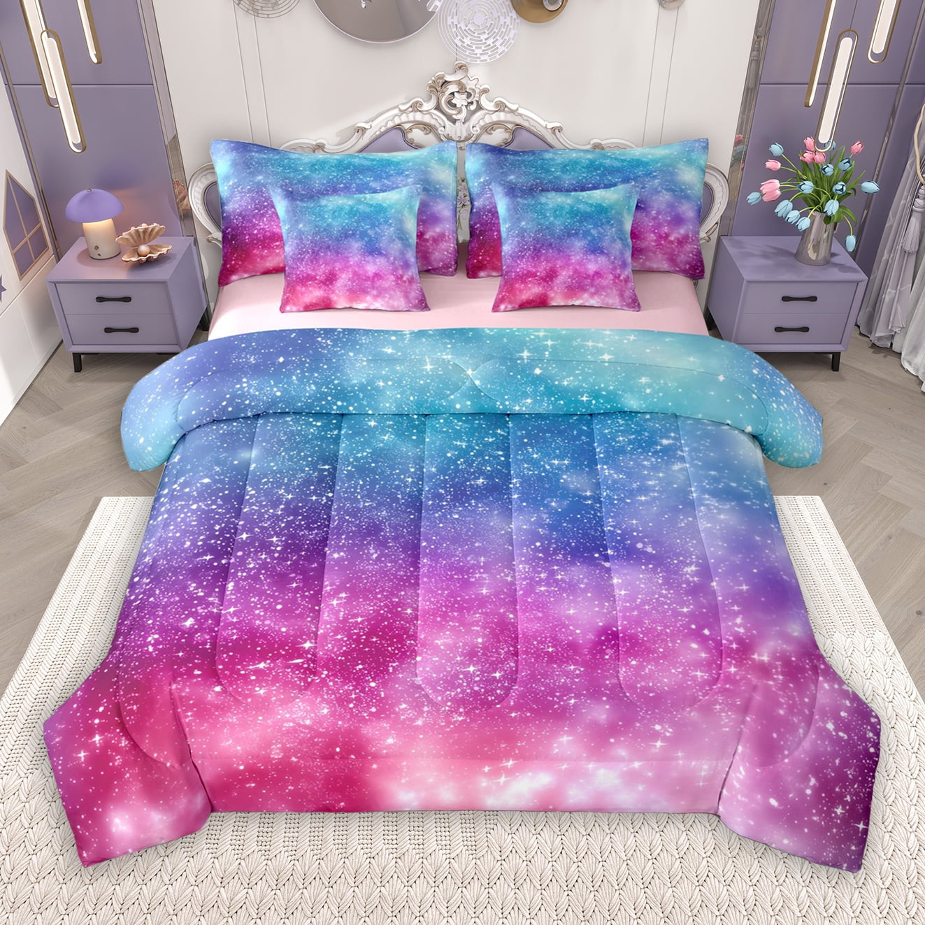 Manfei Dreamy Starry Sky 7-Piece Bedding Comforter Set, Bling Stars ...