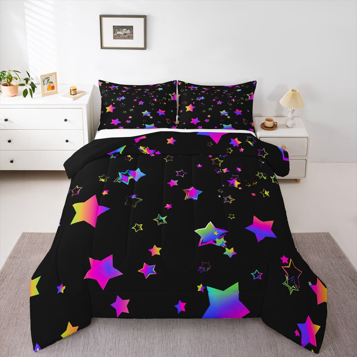 Manfei Dreamy Stars Print Bedding Comforter Set, Neon Gradient Twin ...