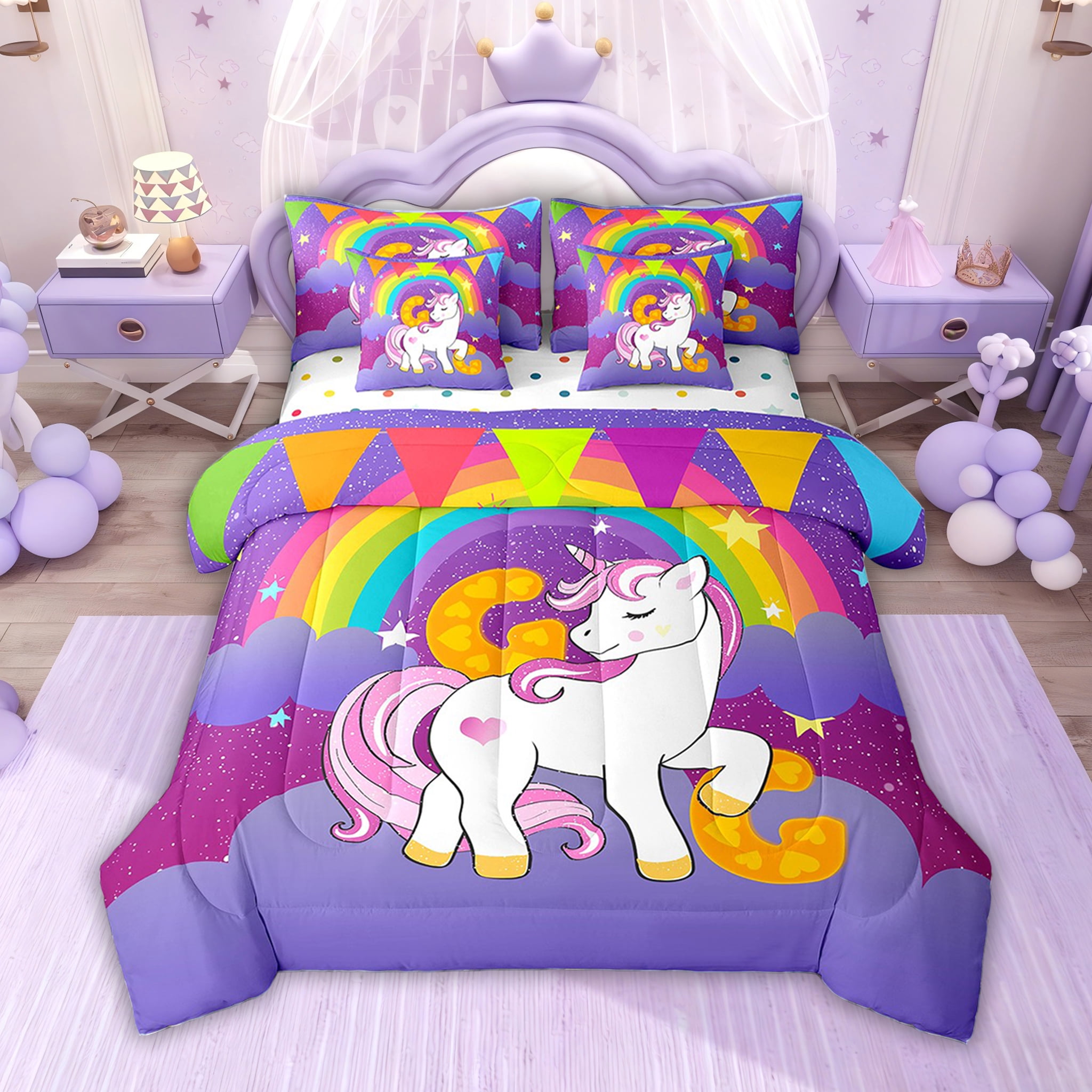 Manfei Dreamy Unicorn Bed in a Bag Full size, Initial Letter G Bedding ...