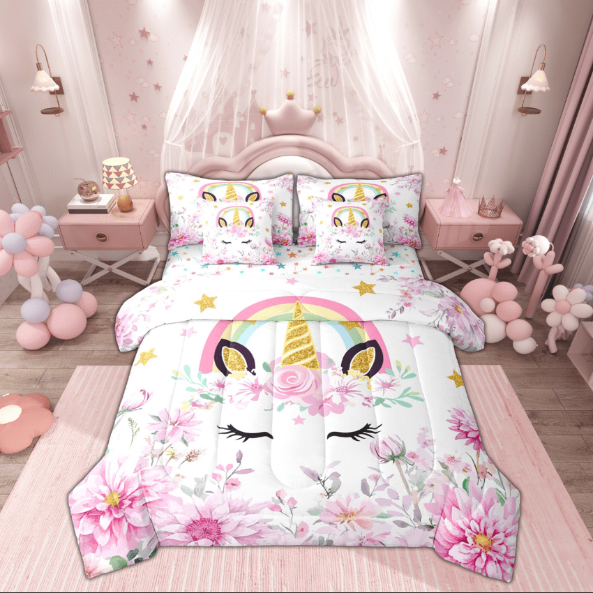 Manfei Dreamy Unicorn Kids, Bedding Comforter Set 7 Pieces, Romantic ...