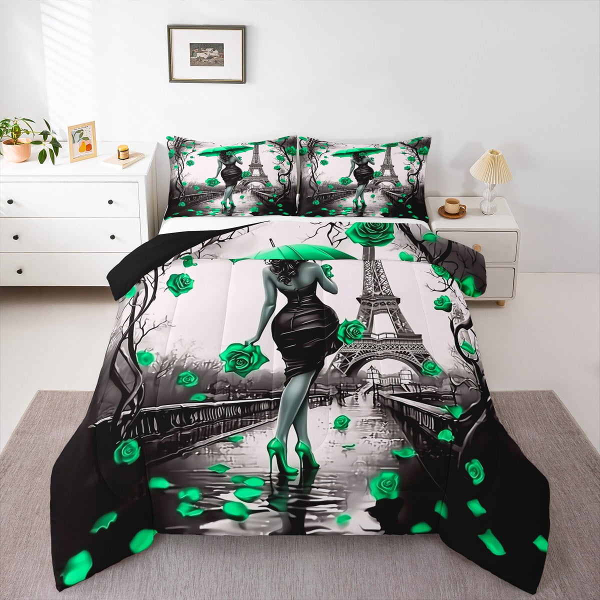 Manfei Eiffel Tower 3 Pieces Queen Comforter Set,Romantic Paris Bedding ...