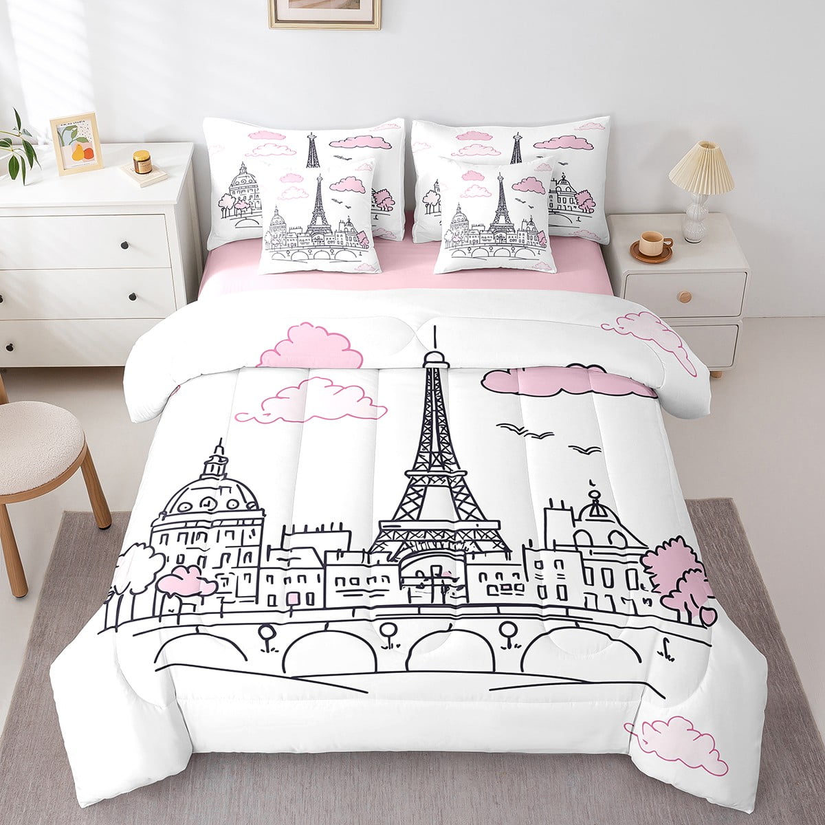 Manfei Eiffel Tower Bedding Full Size,Romantic Paris City Comforter Sets with Sheets,Modern ...