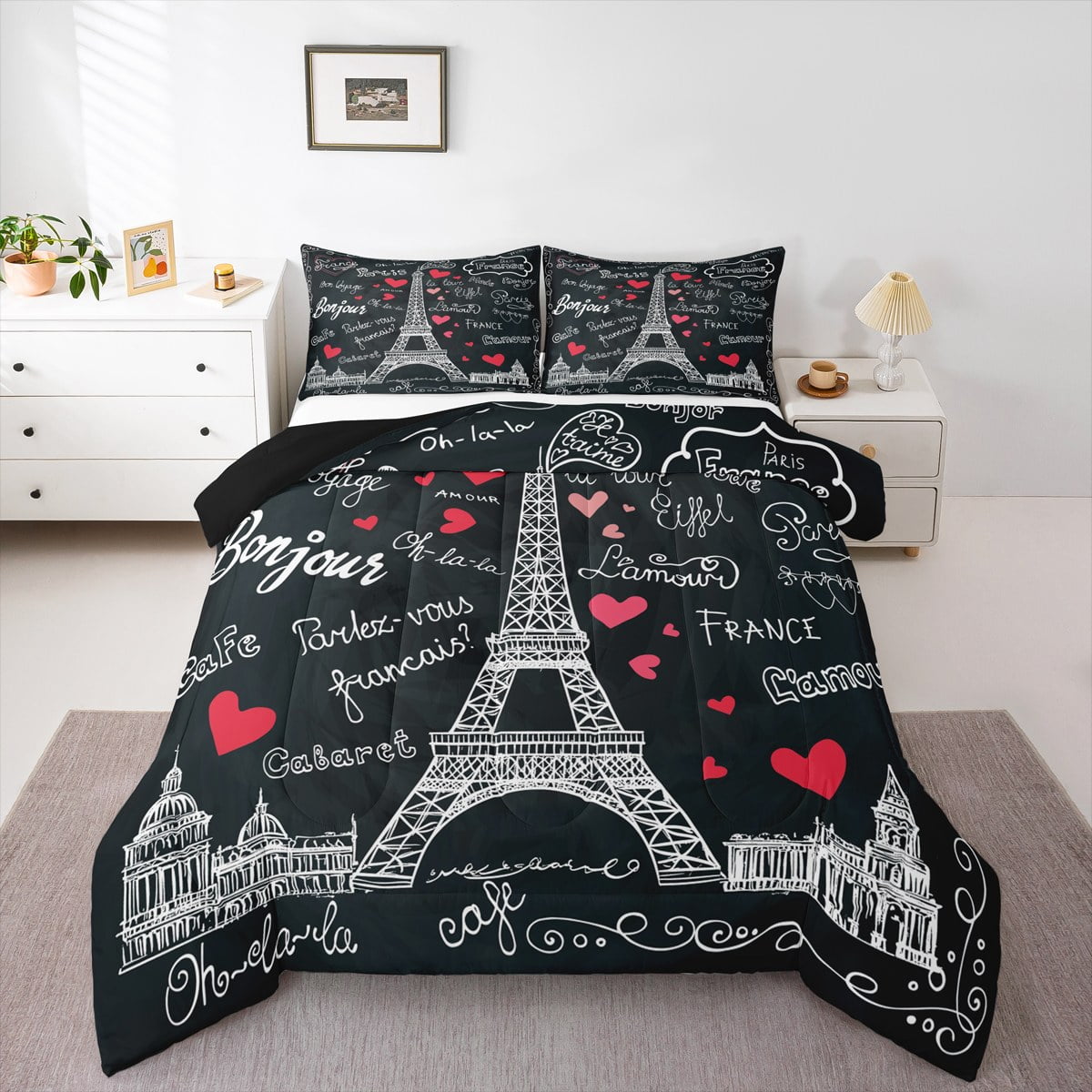 Manfei Eiffel Tower Queen Comforter Set for Couple, Romantic Valentines ...