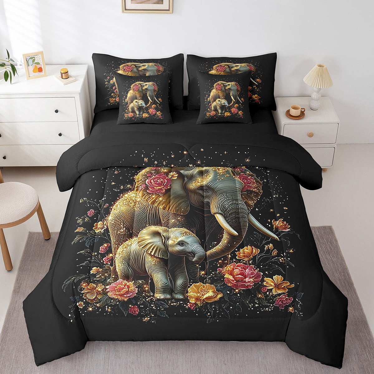 Manfei Elephant Bed in a Bag Full Size,Zoo Animal Bed Set,Pink Floral ...