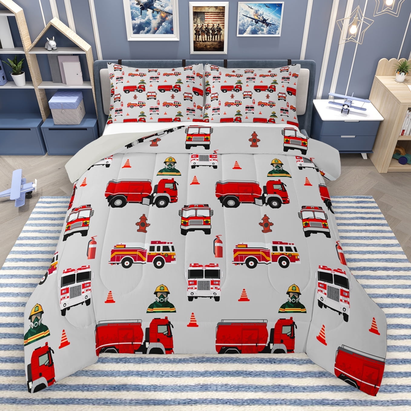 Manfei Equipped Truck Queen Comforter Set,Fire Engine Bedding Sets,Red ...