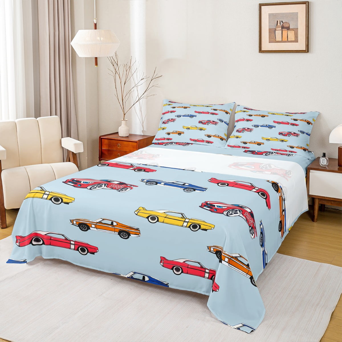 Manfei Extreme Sport Game Queen Sheet Sets,Colorful Race Car Flat Sheet ...