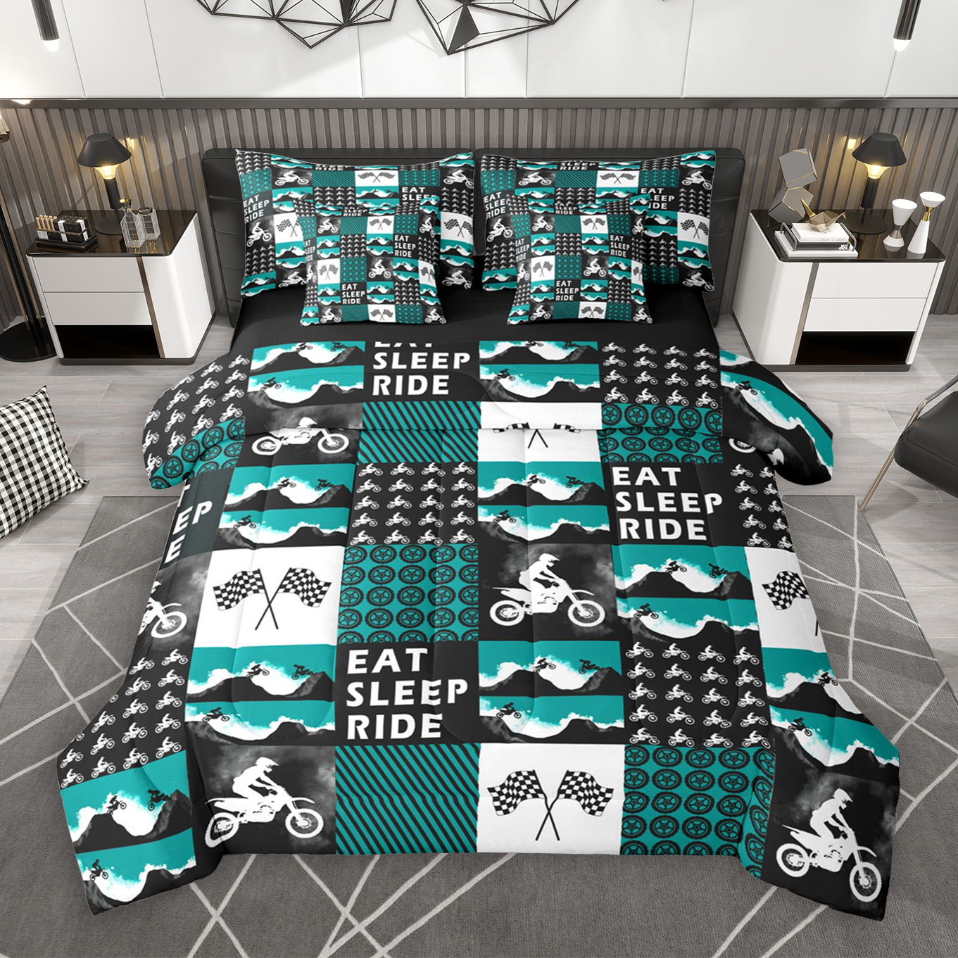 Manfei Extreme Sports Motorcycle 7pcs Bedding Comforter Set,Racing Flag ...