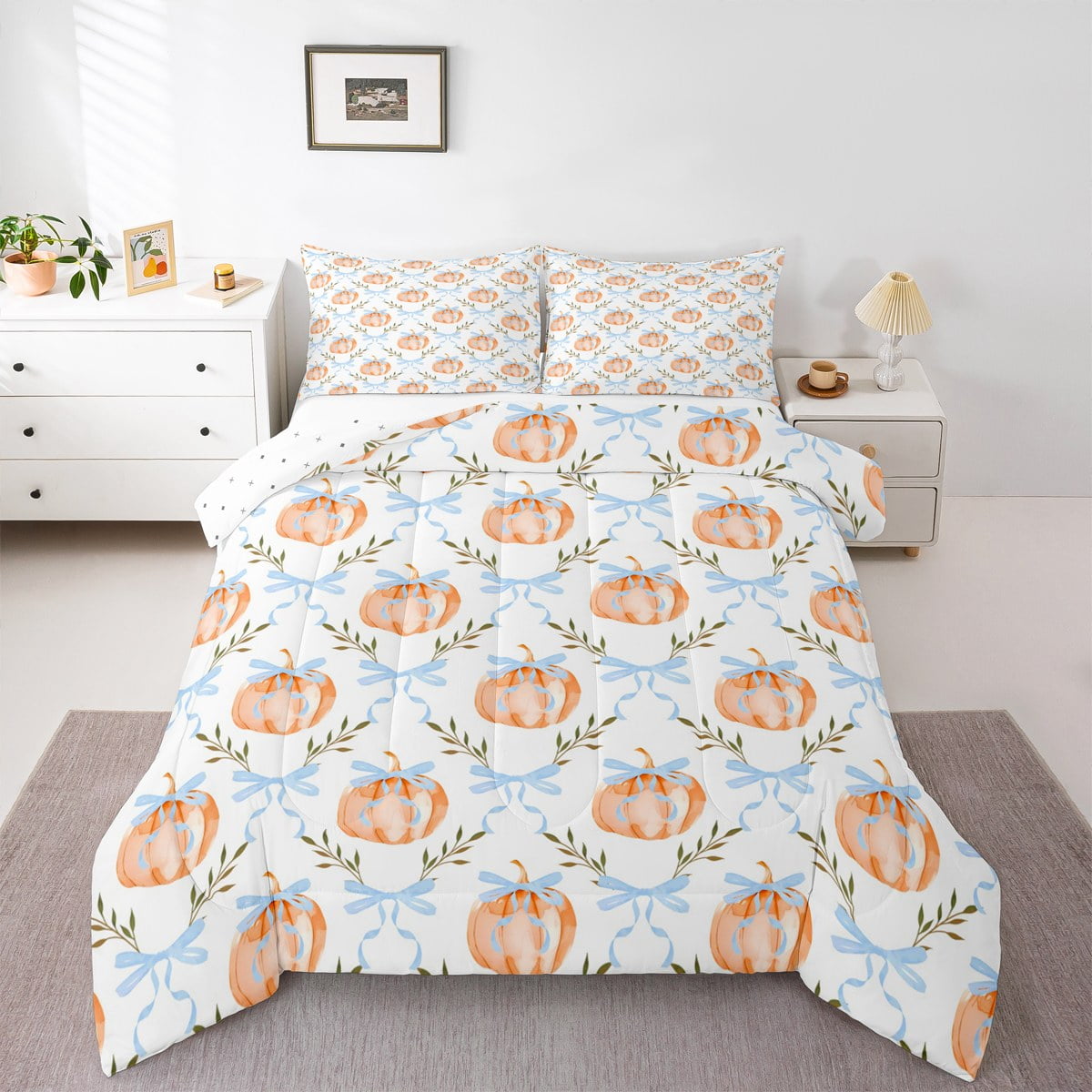 Manfei Fall Autumn Pumpkin Bedding Comforter Set, Blue Cartoon Bow-tie ...