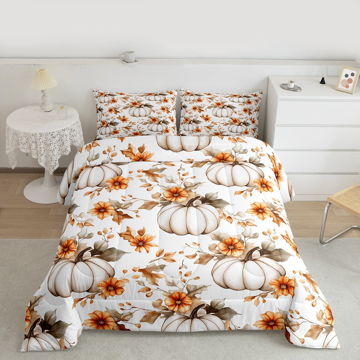 Manfei Fall Pumpkin Bedding Comforter Set,Rustic Flower Floral Twin ...