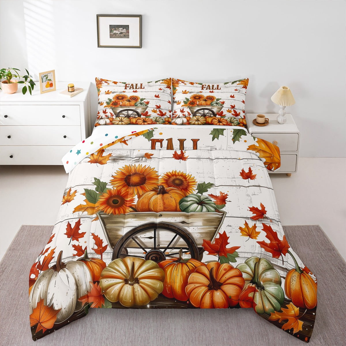 Manfei Fall Pumpkin Full Size Comforter Sets,Autumn Maples Bedding ...