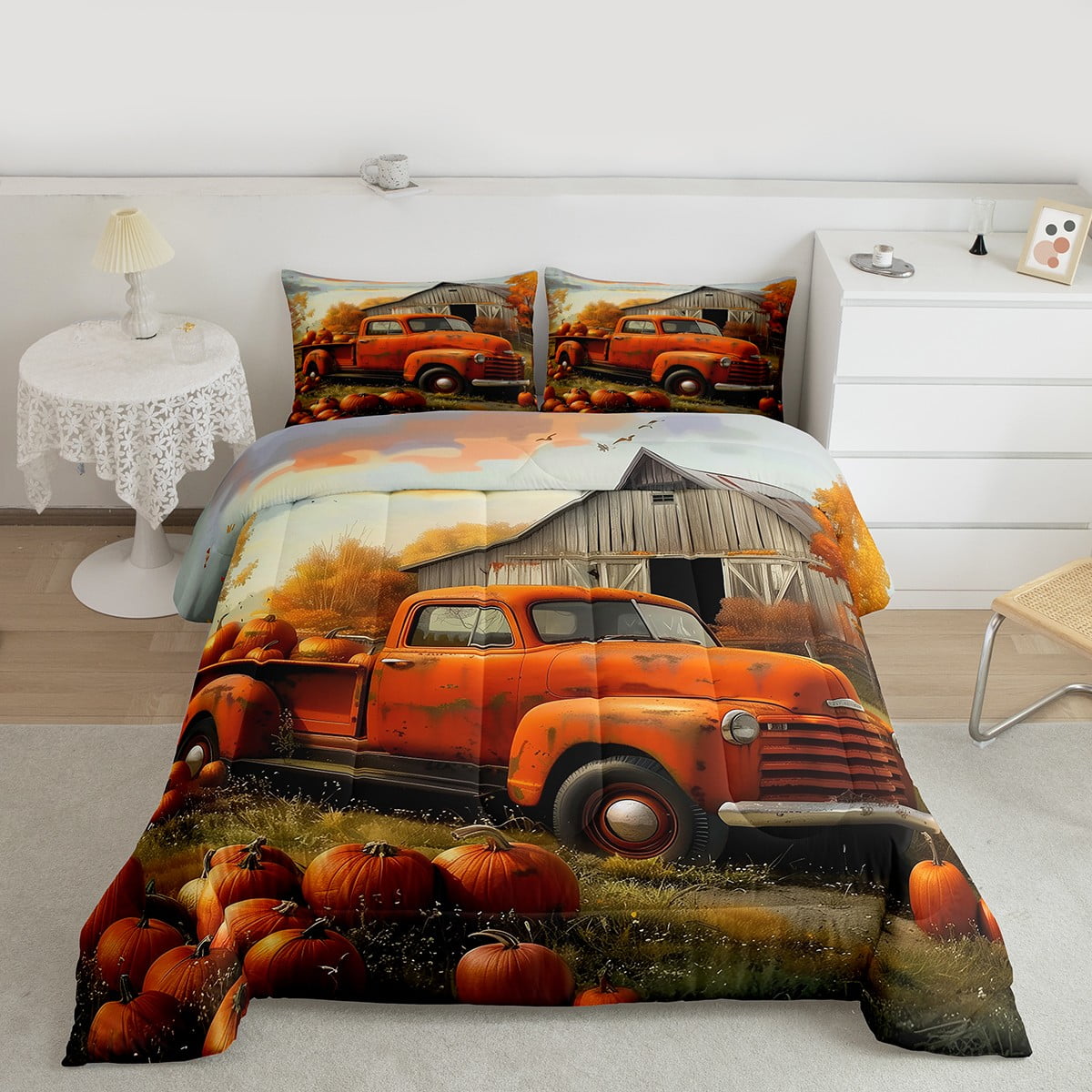 Manfei Fall Pumpkin Queen Comforter Set,Autumn Theme Bedding Sets ...