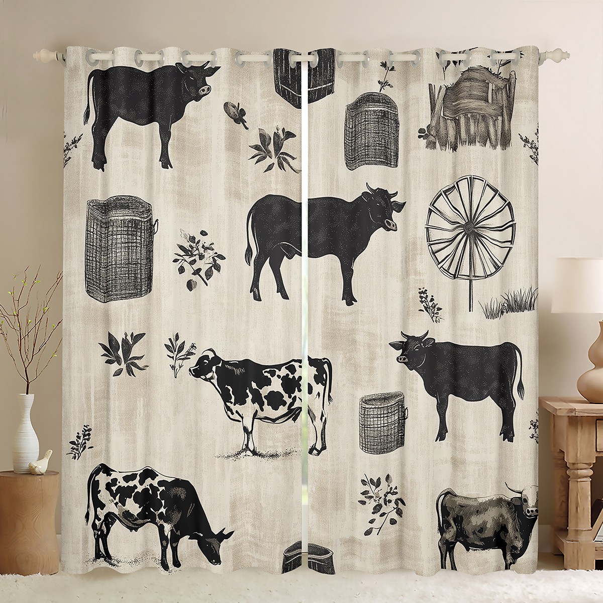 Manfei Farm Animal Cow Curtains and Drapes,Rustic Farmhouse Cabin Black ...
