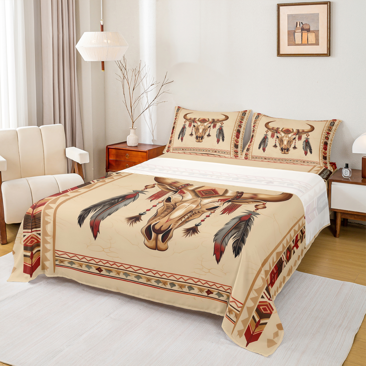 Manfei Farm Bull Skull Full Size Sheets,Rustic Farmhouse Cabin Bed ...
