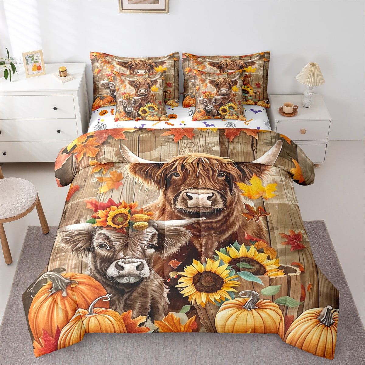 Manfei Farm Highland Cattle 7-Piece Twin Bedding Sets,Rustic Sunflower ...