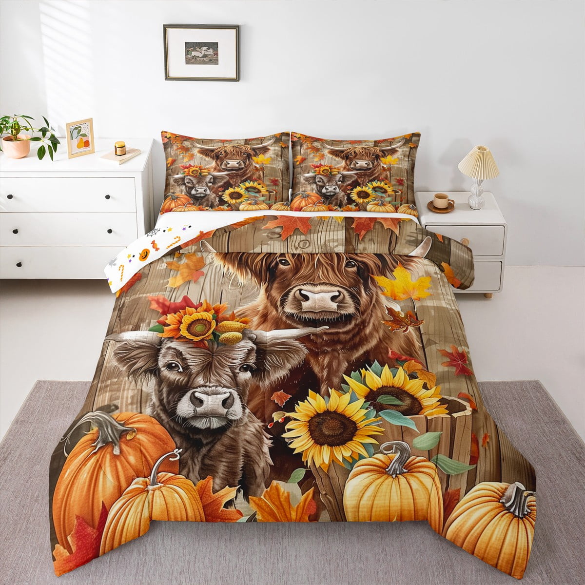 Manfei Farm Highland Cattle Bedding Comforter Set,Rustic Sunflower ...