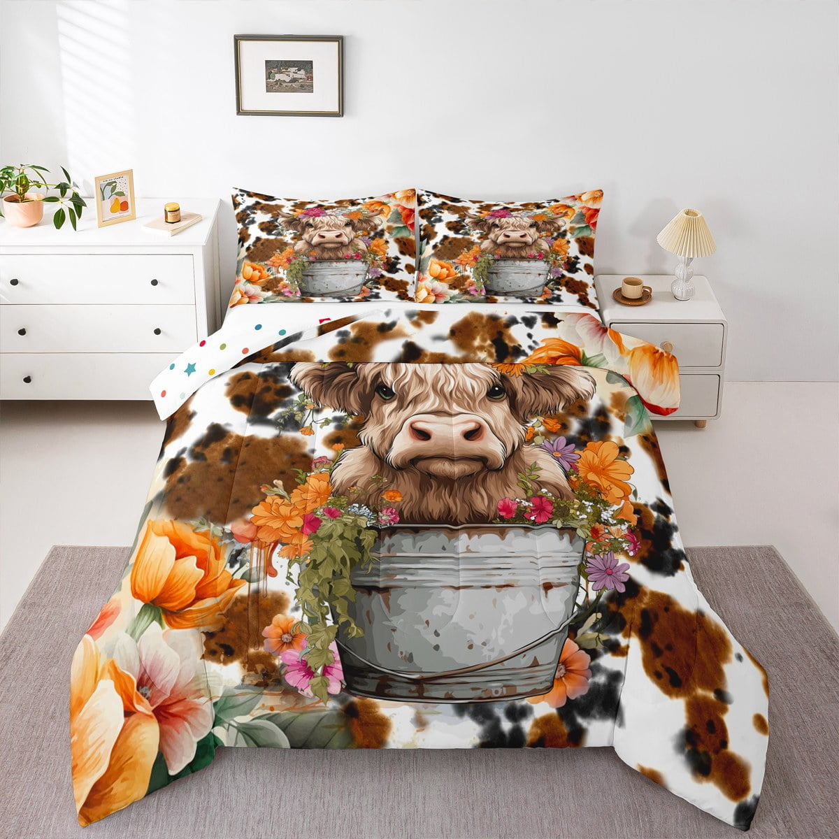 Manfei Farm Highland Cattle Queen Comforter Set,Farmhouse Cowhide ...