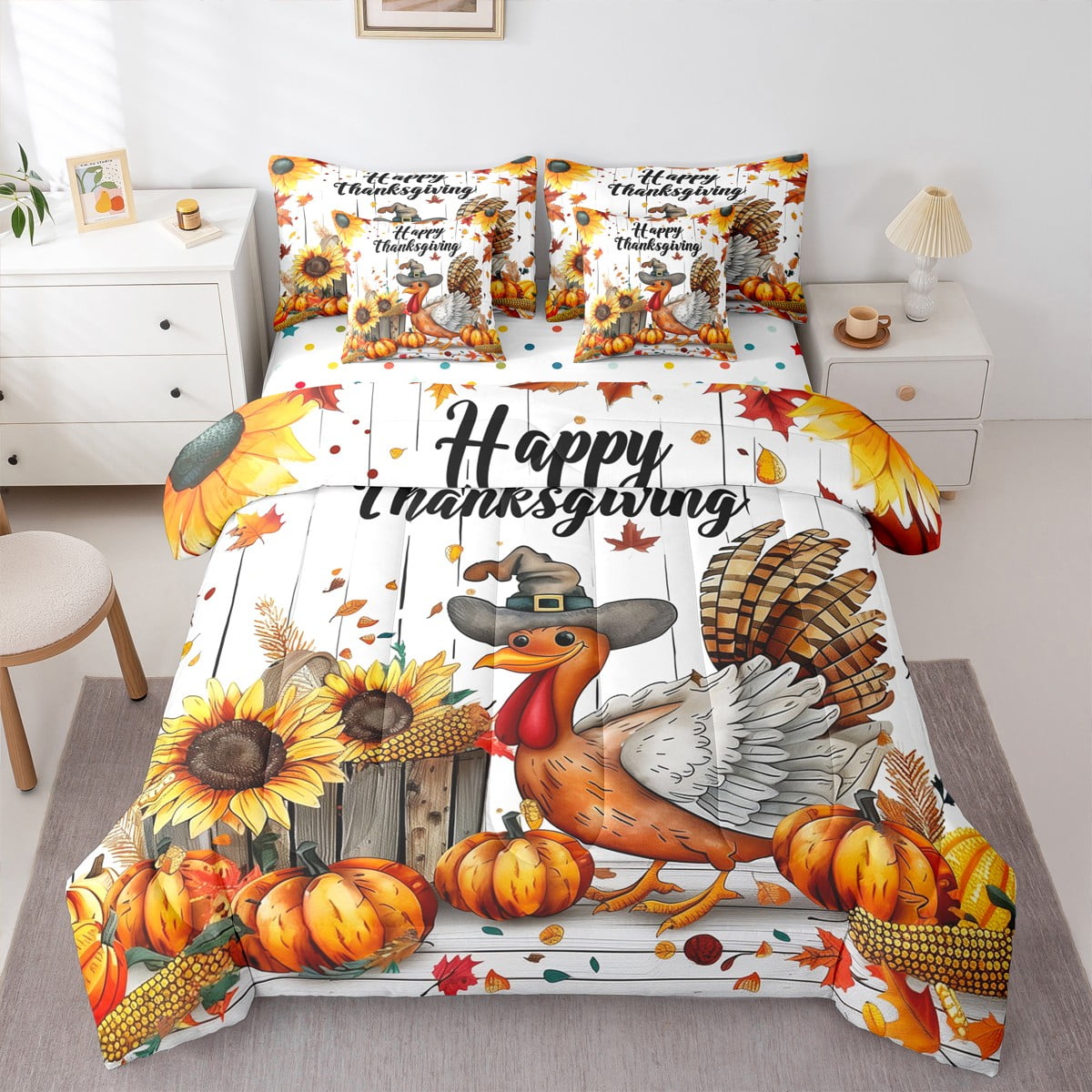 Manfei Farm Turkey Sunflower 7-Piece Twin Bedding Sets,Thanksgiving ...