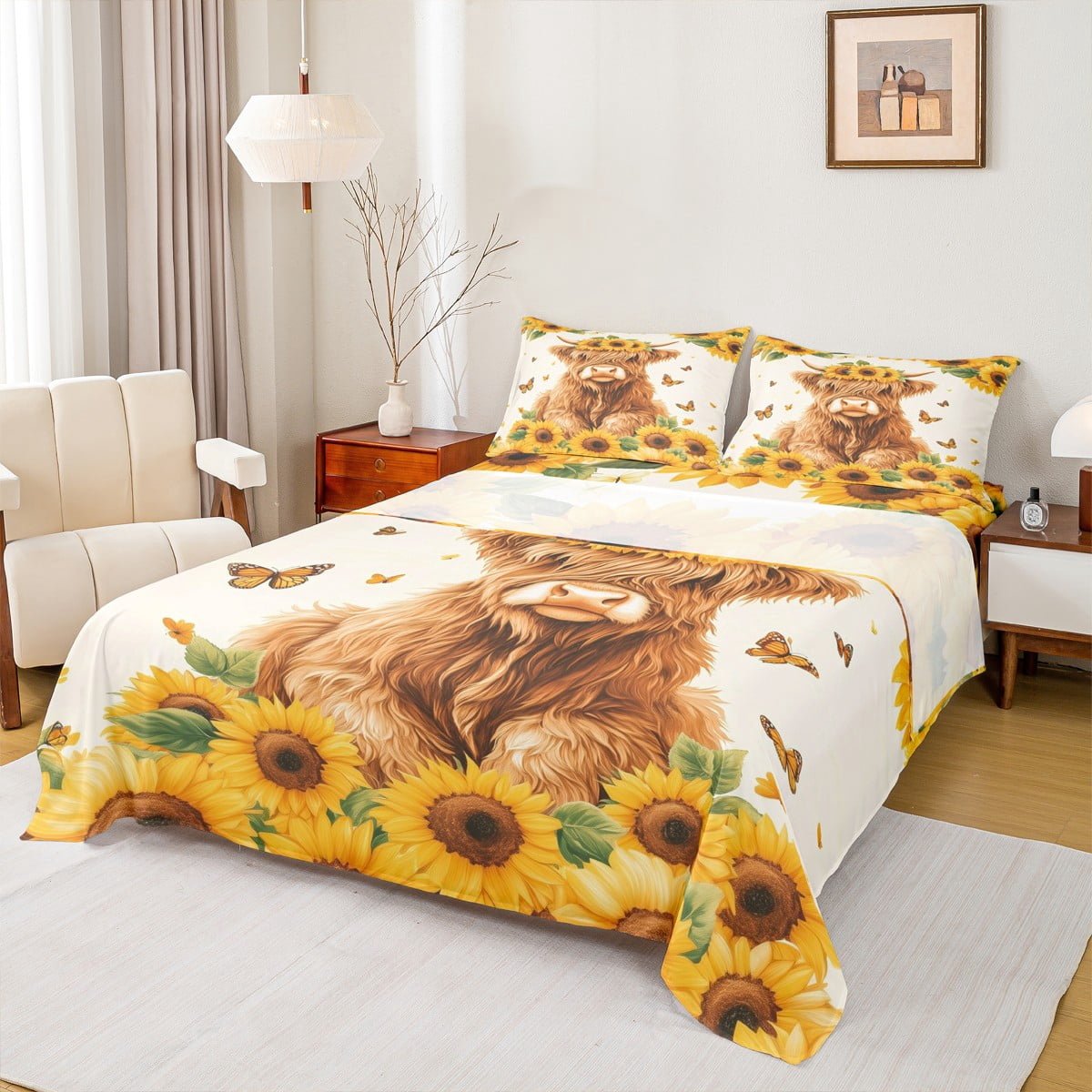 Manfei Farmhouse Highland Cow Full Size Sheets, Watercolor Sunflower ...