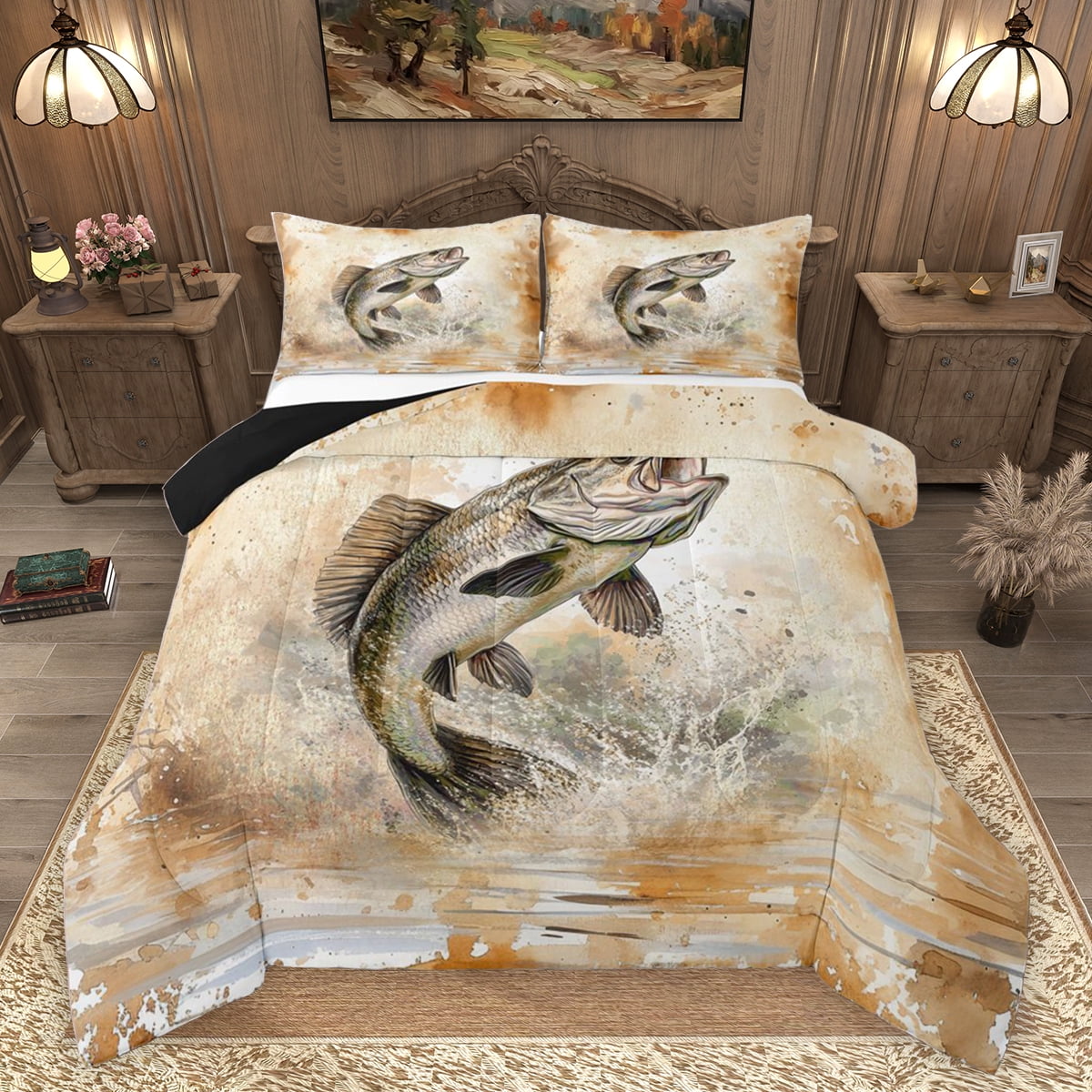 Homewish Farmhouse Pike Fish Queen Comforter Set, Rustic Wildlife ...