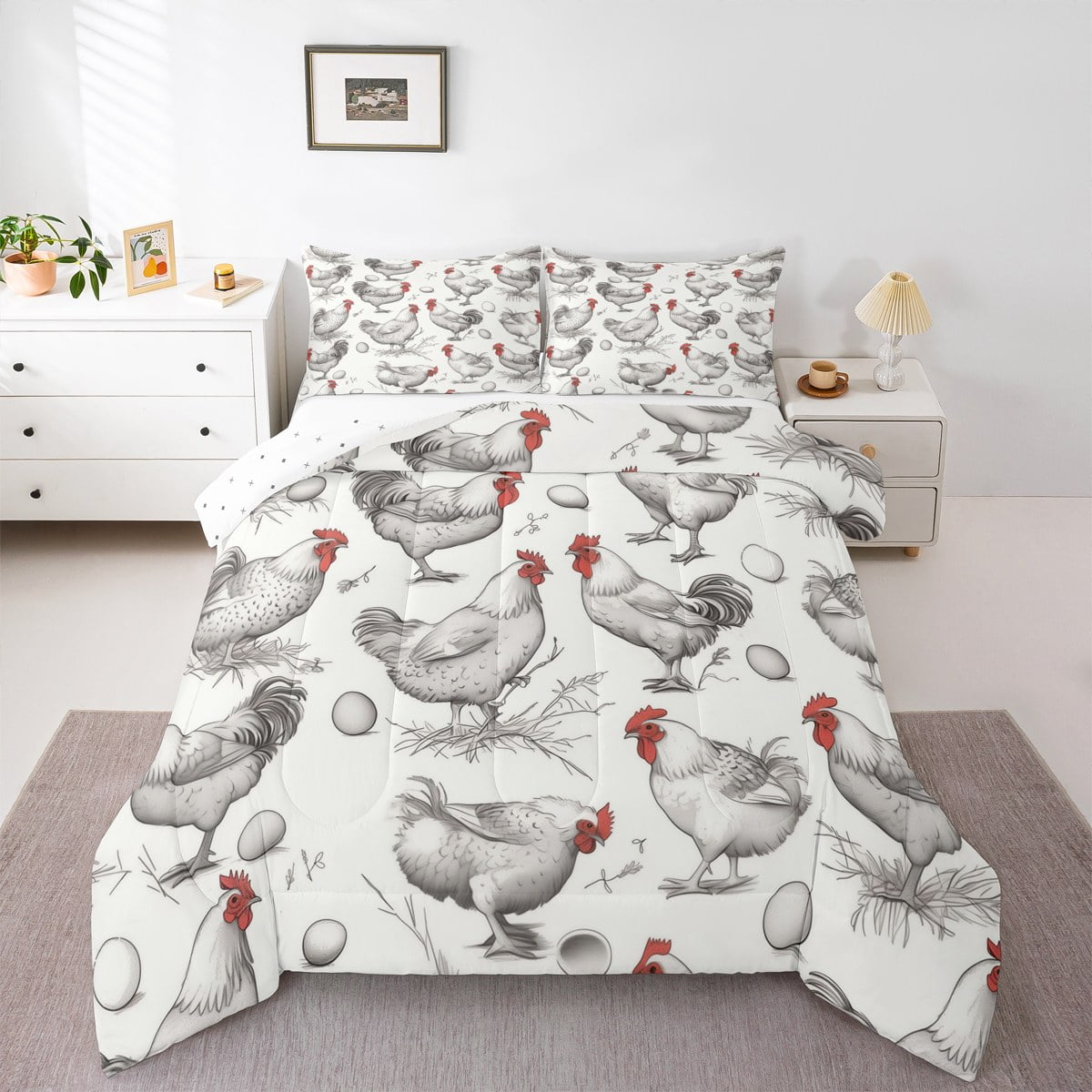 Manfei Farmhouse Rooster Bedding Sets King with Comforter, Plant Leaf ...