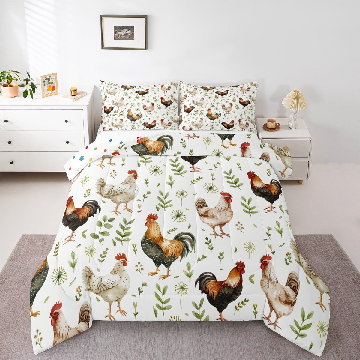 Manfei Farmhouse Rooster Comforter Sets Full Size, Plant Leaf ...