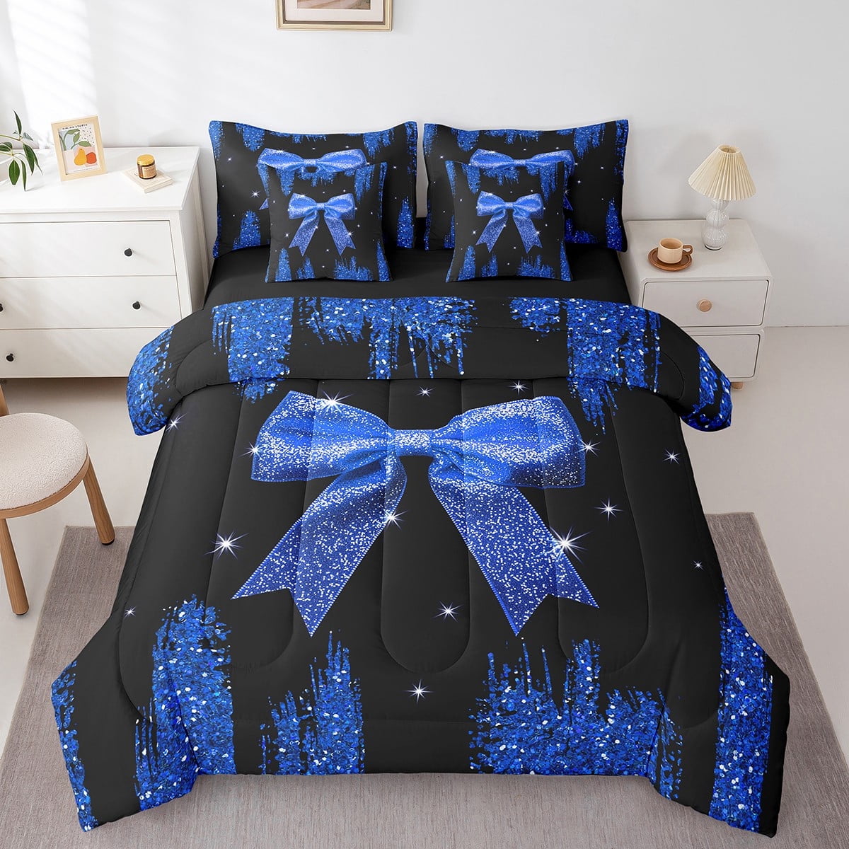 Feelyou Fashion Blue Bow Twin Bedding Sets 7-Piece, Sequin Print ...