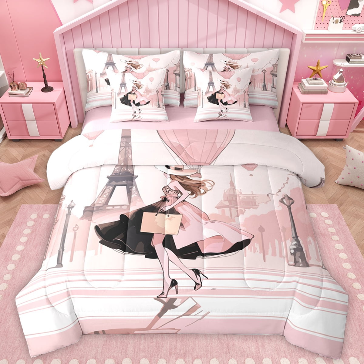 Manfei Fashion Paris Girl Twin Bedding Sets 7-Piece for Teens, Modern ...
