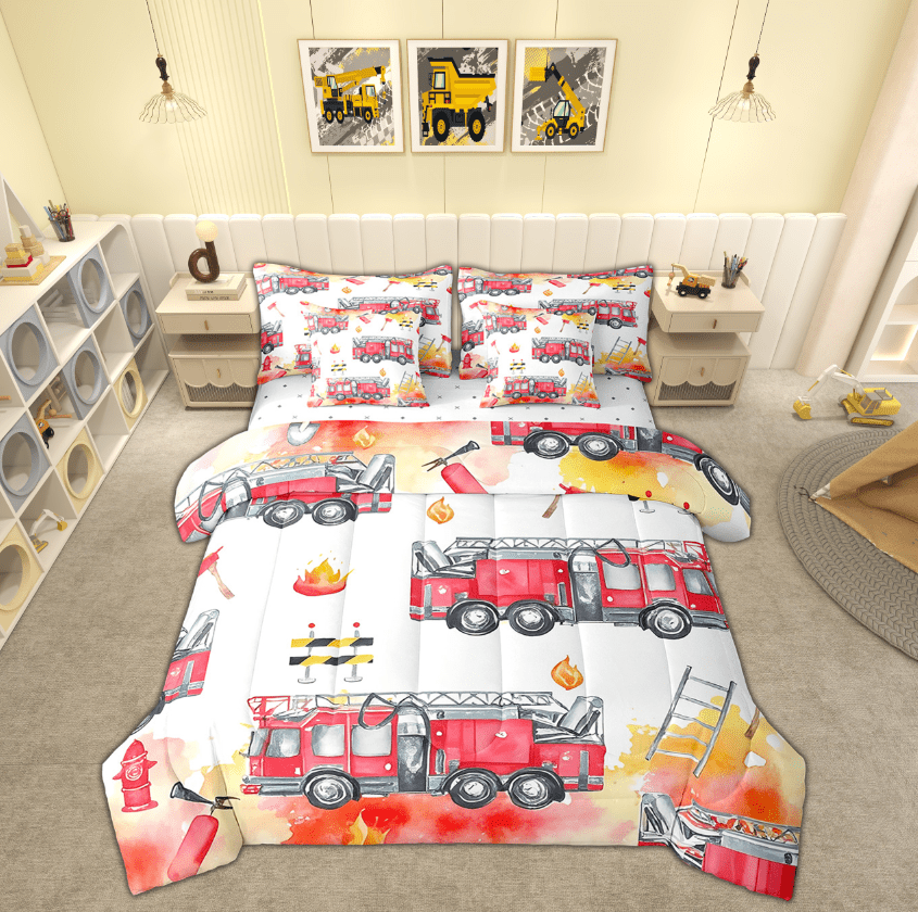 Manfei Fire Engine Bed in a Bag Full size, Cartoon Truck Bed Set ...