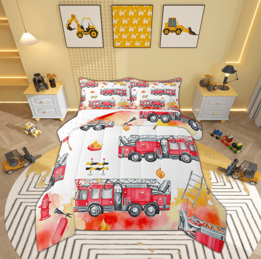 Manfei Fire Engine Bedding King Comforter Set, Cartoon Truck Down ...