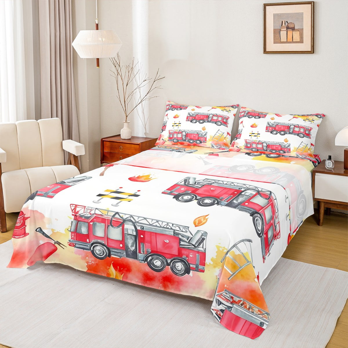 Manfei Fire Engine Twin Sheet Sets, Cartoon Truck Sheet Set Twin ...