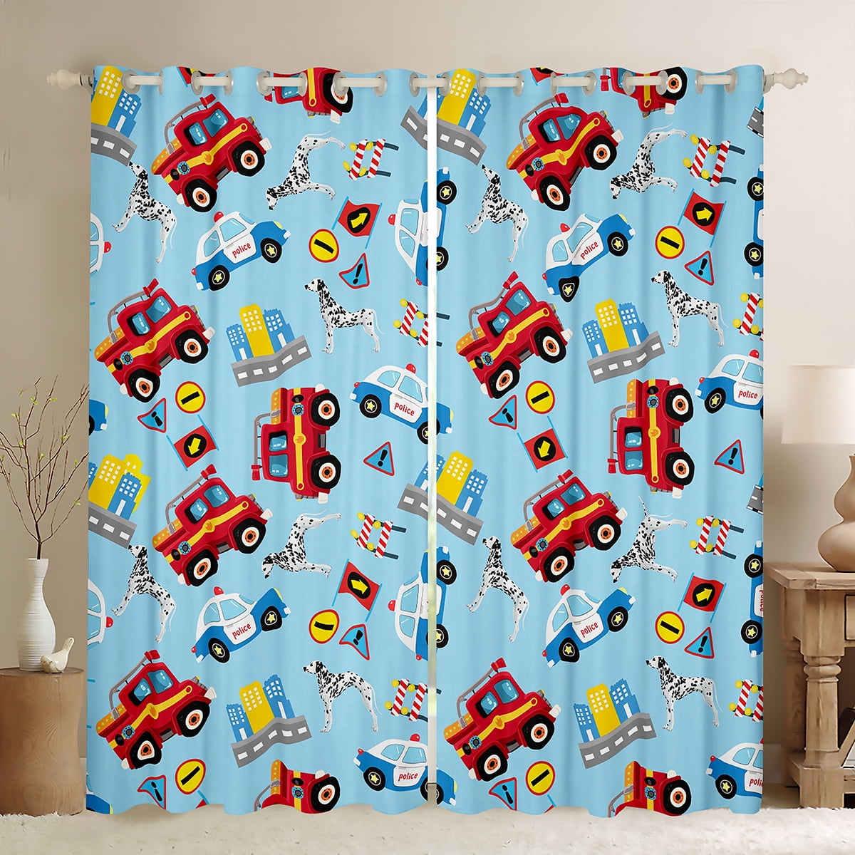 Manfei Fire Truck Blackout Curtains Set of 2 (52x84 Each), Police Car ...