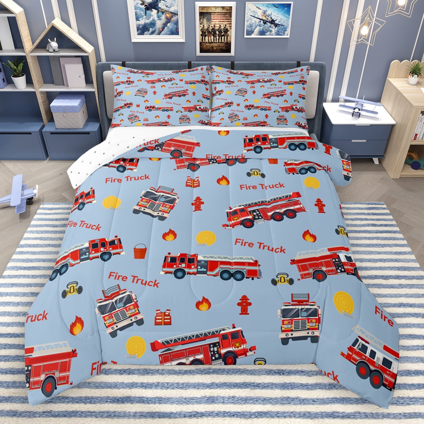 Manfei Fire Truck Queen Comforter Set,Firefighter Bedding Sets,Red Blue ...