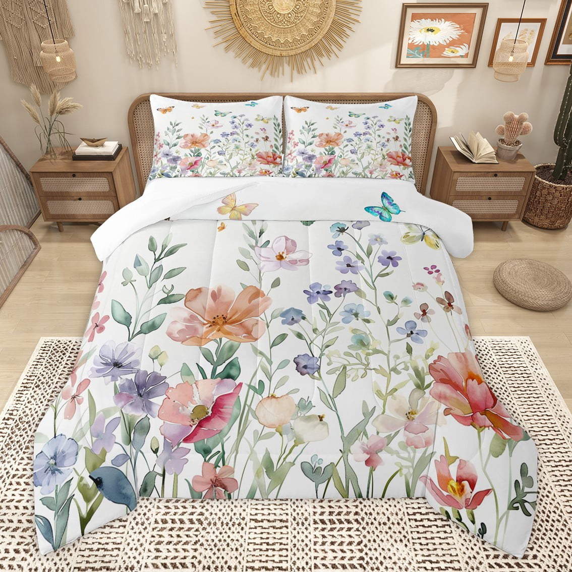 Manfei Floral Butterflies 3-Piece Full Size Comforter Sets for Female ...